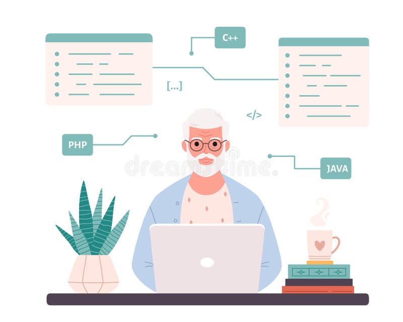 Old Man Working on Computer at Home. Programming, Freelance, Remote ...