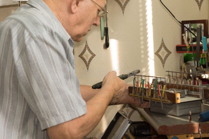 Old Man Working Electronic Device Small Table Stock Photos - Free ...