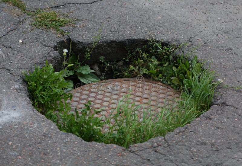 An Old Manhole Sunk into the Ground and Overgrown with Grass Stock ...
