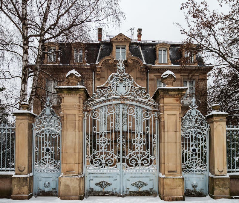 An Old Manor with Beautiful Gates is Covered with Snow Stock Image ...