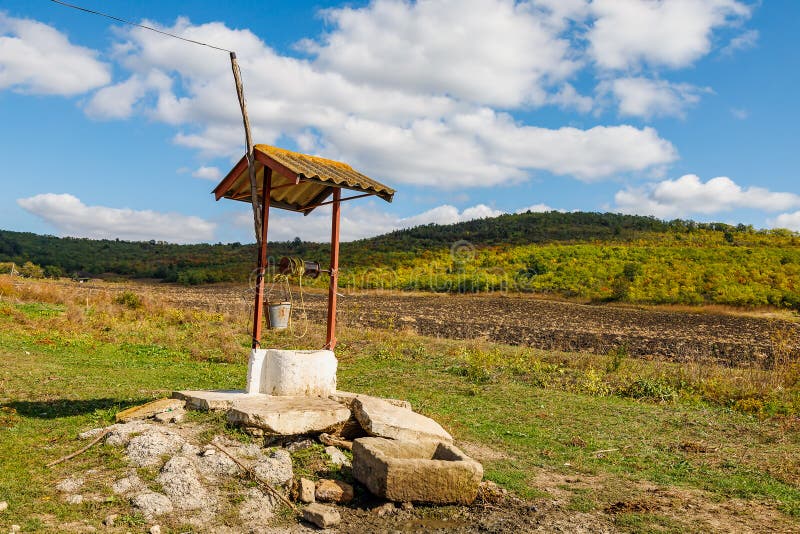 An Old Manual Well with Drinking Water. Background with Copy Space for ...
