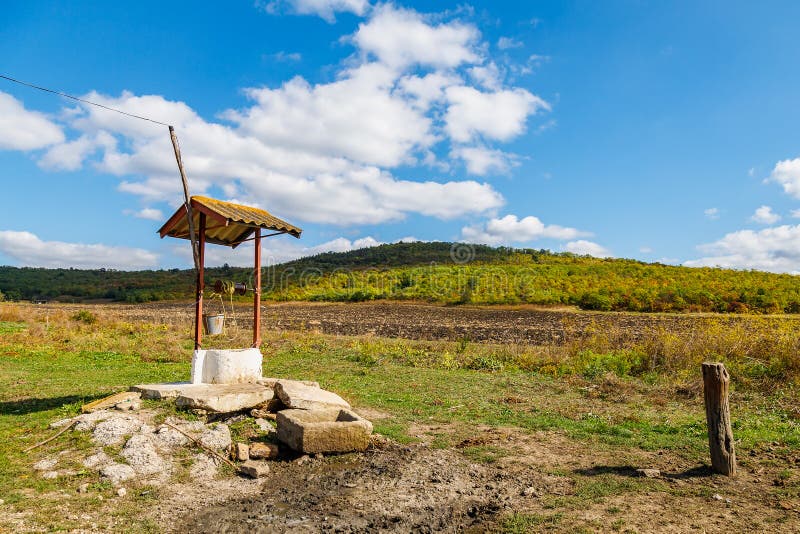 An Old Manual Well with Drinking Water. Background with Copy Space for ...