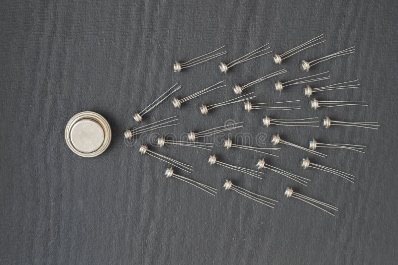 Old Many Soviet Transistors in Metal Case on Black Background ...