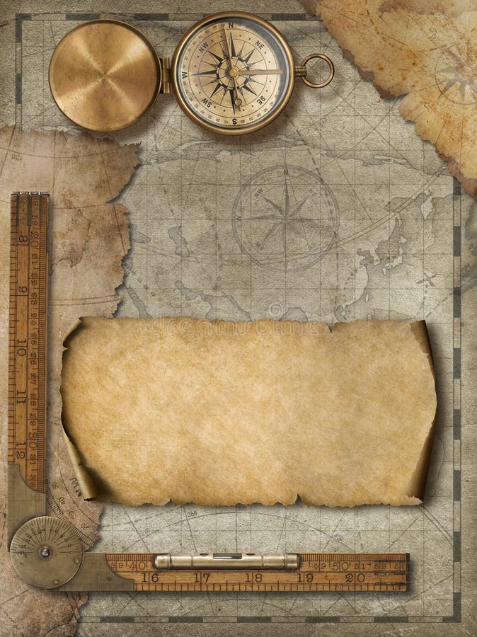 Adventure Concept. Old Compass on Table with Treasure Map Stock ...