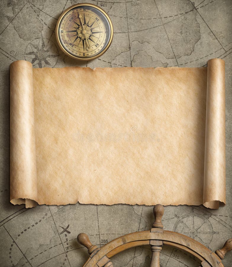 Old Map Scroll with Compass and Steering Wheel. Adventure and Travel ...