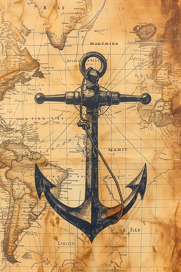 An Old Map with a Blue Anchor on it Stock Illustration - Illustration ...