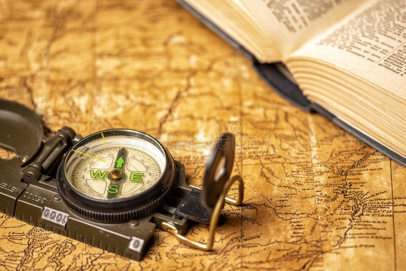 Old Map with Book and Compass Stock Photo - Image of journey, panama ...