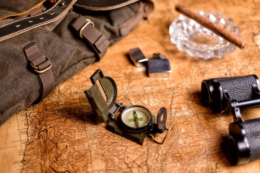 Old Map with Compass and Binoculars Stock Image - Image of cigars ...