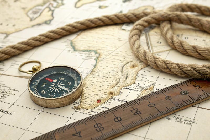 Old Map with Compass, Rope, and Ruler â€ Adventure Concept Stock ...