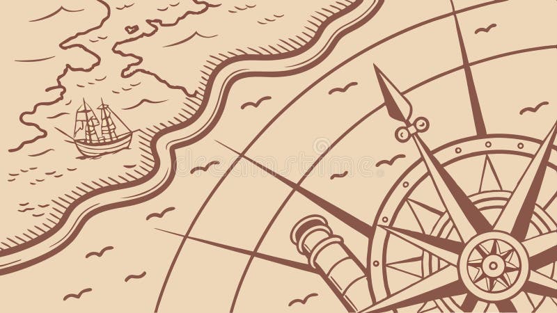 Old Map Compass Sea, Vintage Nautical Navigation Illustration Vector ...
