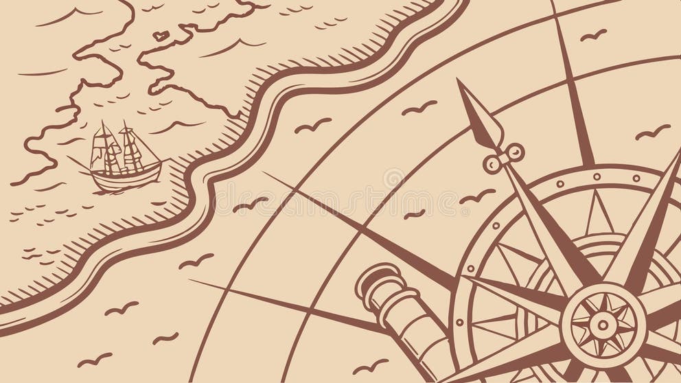 Old Map Compass Sea, Vintage Nautical Navigation Illustration Vector ...