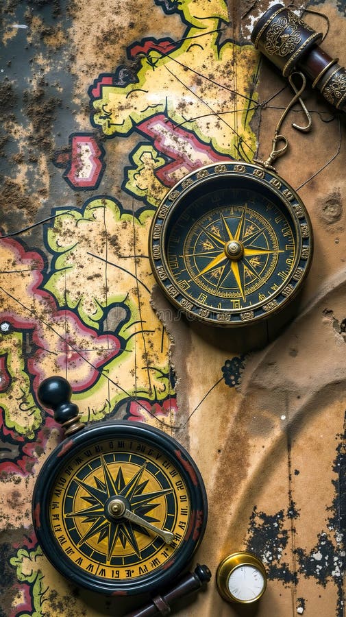 A Compass and a Compass on Top of a Map Stock Photo - Image of clocks ...