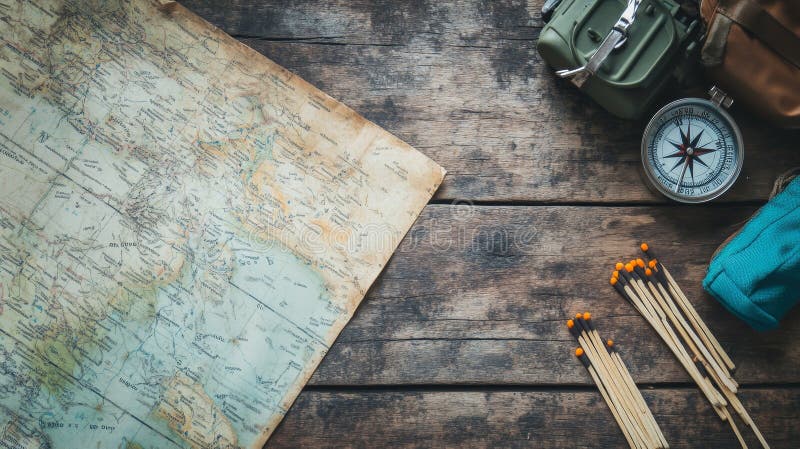 Old Map, Compass, and Travel Essentials on Rustic Wooden Table ...