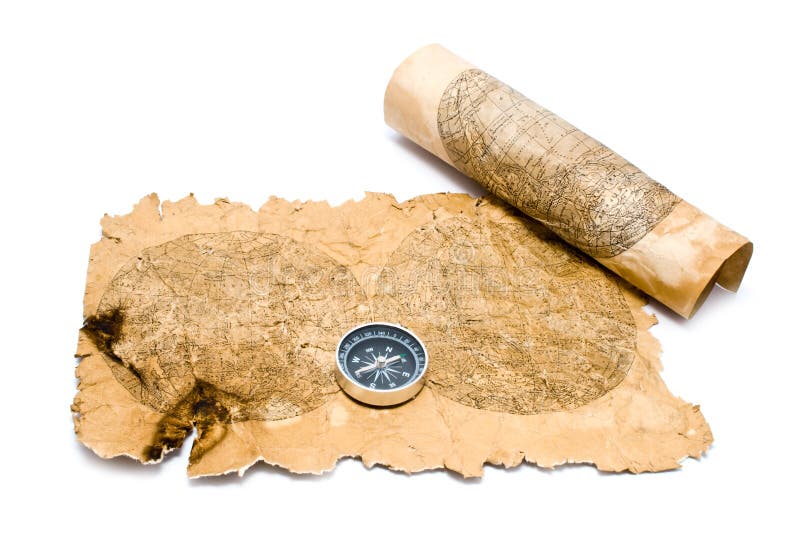 Old Map and Compass on a White Background Stock Photo - Image of ...