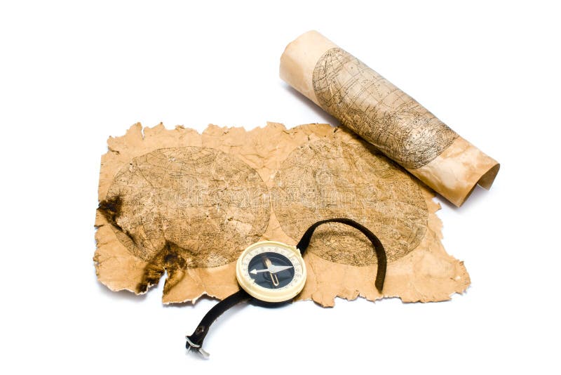 Old Map and Compass on a White Background Stock Image - Image of bygone ...