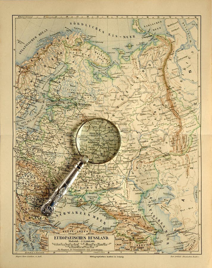 Old Map of Russia with Magnifying Glass Stock Photo - Image of journey ...