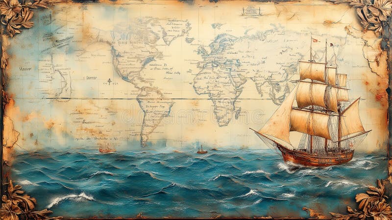 An Old Map with Sailing Ships, Continents and Oceans Stock Illustration ...