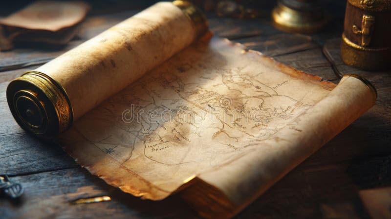 Old Map Scroll with Golden Trim on Weathered Wooden Table Detailed View ...