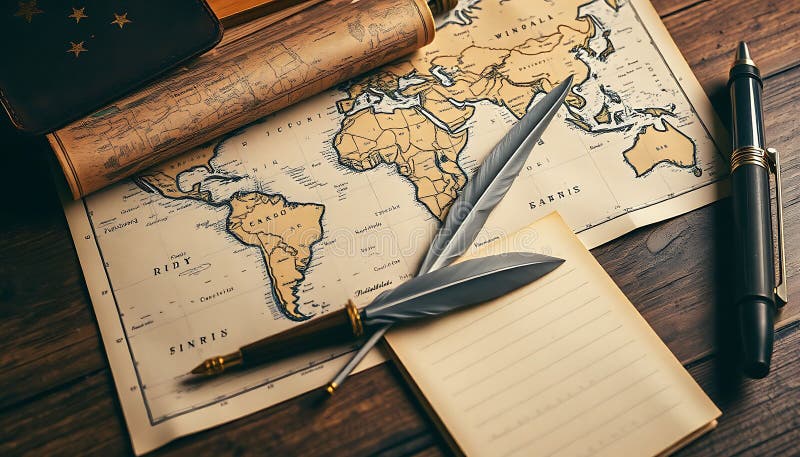 Old Map and Writing Tools, Explorer S Desk Scene, Stock Photo ...
