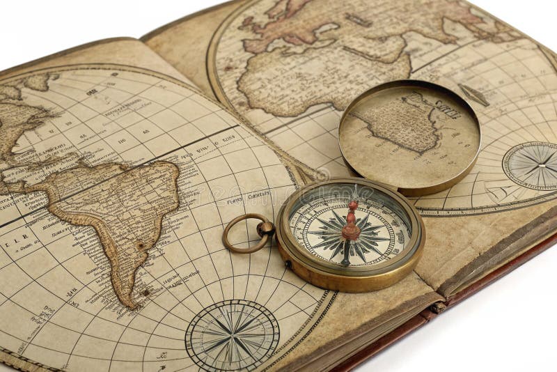 Old Map with Two Hemispheres and Compass 3D Illustration Stock ...