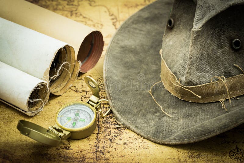 Old Maps with a Compass. and Hat Stock Photo - Image of background ...