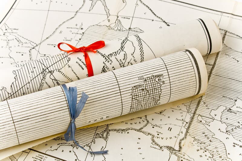 Old Maps in Rolls with Colorful Ribbons Stock Photo - Image of ribbon ...
