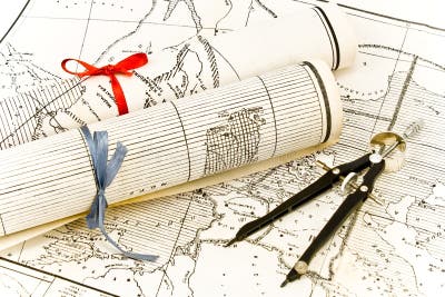 Old Maps in Rolls with Ribbons and Compass Stock Image - Image of aging ...
