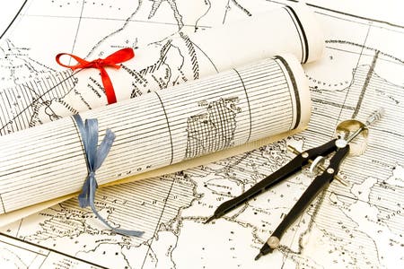 Old Maps in Rolls with Ribbons and Compass Stock Image - Image of aging ...