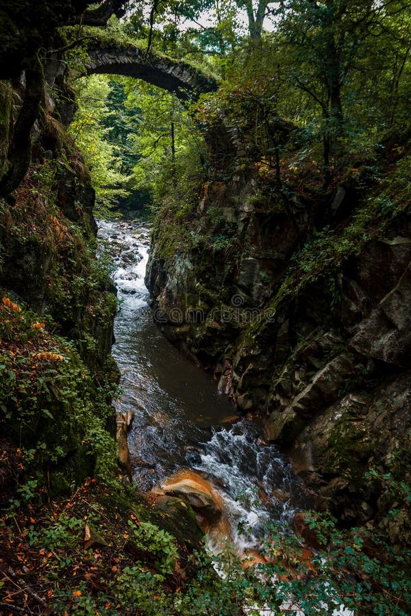 Old Medieval Bridge Over the Gorge of a Mountain River Stock Photo ...
