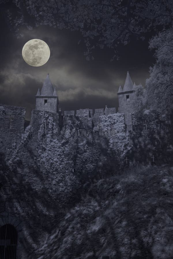 Medieval Castle in a Full Moon Night Stock Photo - Image of clouds ...