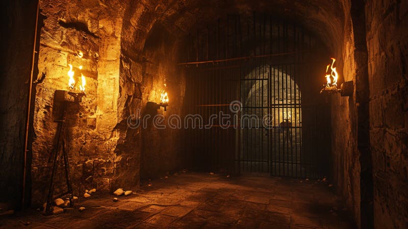 Old Medieval Castle Dungeon Hall with Flame Light Torches and Spooky ...