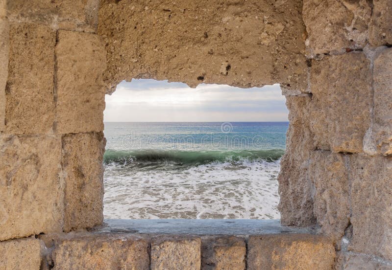 Old Medieval Castle Frame Window with Blue Shore Wave Stock Image ...