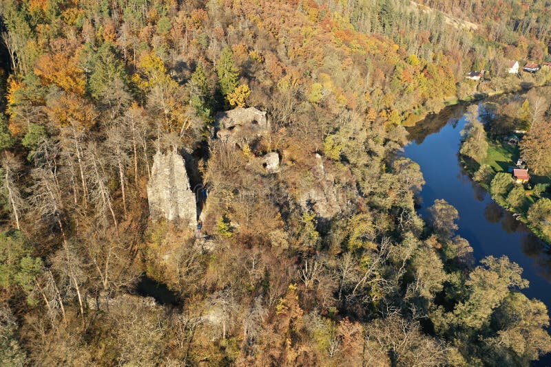 Old Medieval Castle Ruins on the Rock Over the Blue River Bend Stock ...