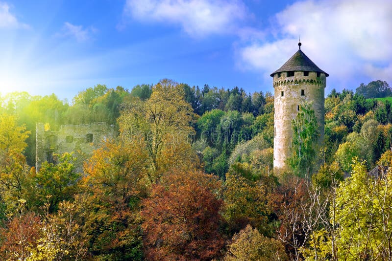 Old Medieval Castle Tower on a Hill in the Forest in Europe on a Bright ...