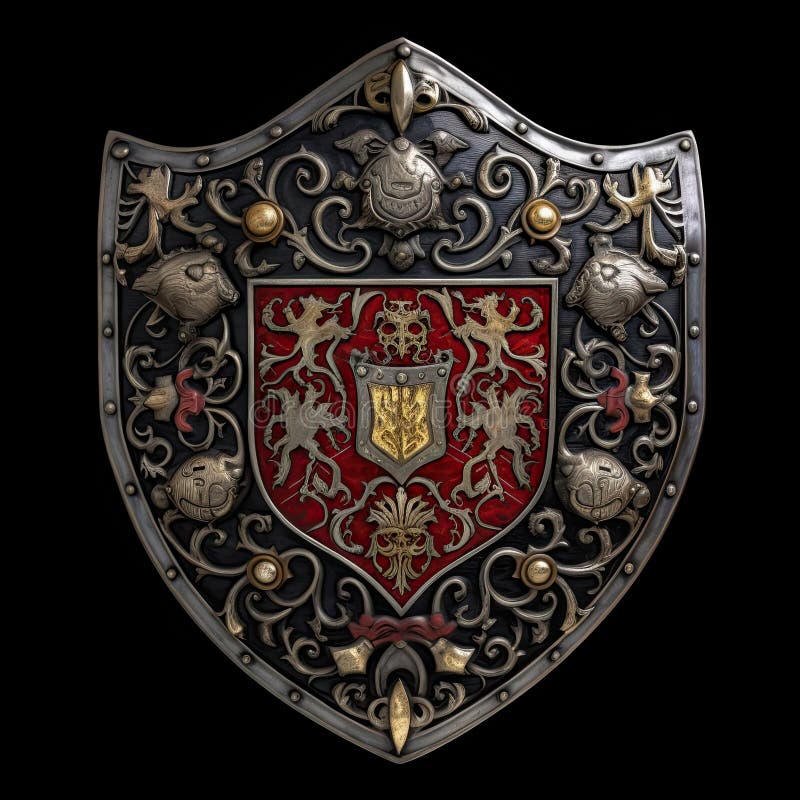 Old Medieval Decorated Shield Isolated on Black Background Stock Photo ...