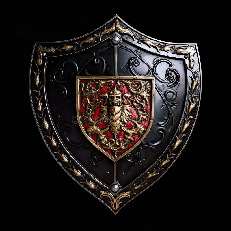 Old Medieval Decorated Shield Isolated on Black Background Stock Photo ...