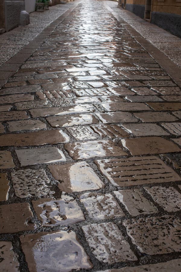 Old Medieval Marble Pavement, Road, Wet after Rain Stock Image - Image ...