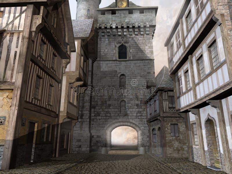 Medieval or Fantasy Docks stock illustration. Illustration of clouds ...