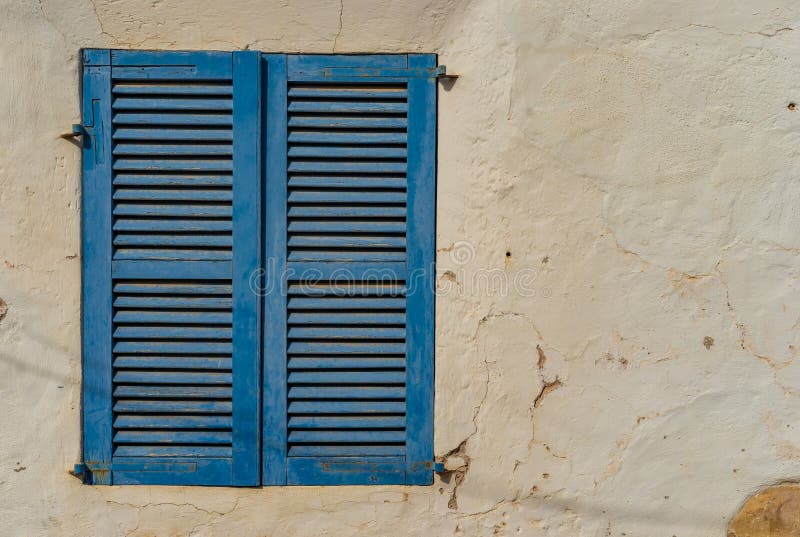 Vintage Blue Window Shutter with Old Plaster Wall Background Texture ...