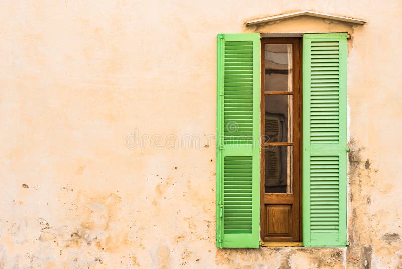 Mediterranean House with Open Green Window Shutter and Plaster Wall ...