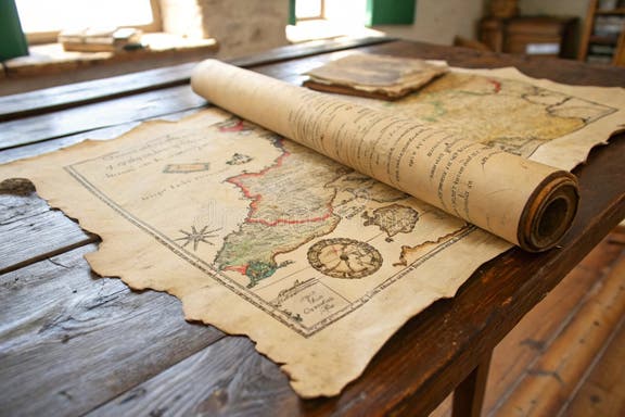 Old Mediterranean Map Scroll on Table Stock Illustration - Illustration ...