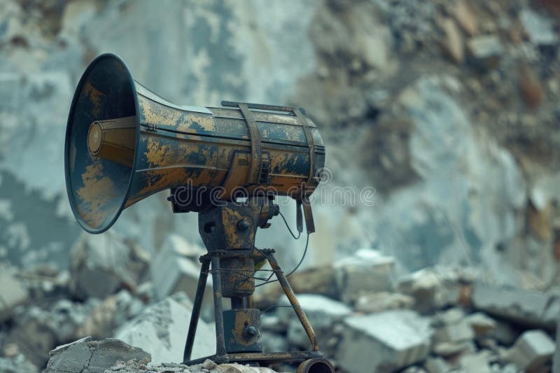 Old Megaphone Announcing Demolition in Front of Rubble Stock Photo ...