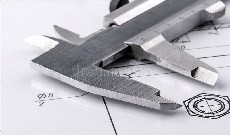 Old Metal Caliper and Engineering Drawing. Selective Focus Stock Image ...