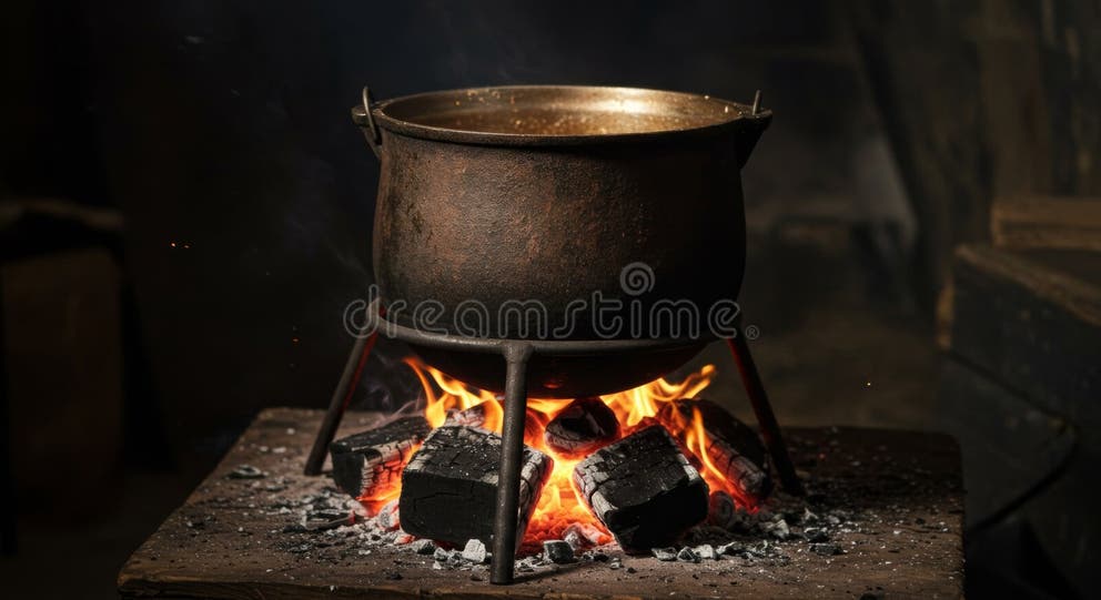 Old Metal Cauldron on Embers, Rustic Cooking Scene Stock Illustration ...