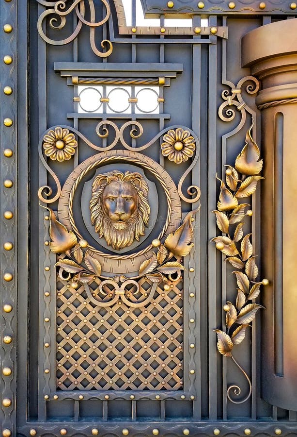 Forged doors with a lion stock image. Image of decor - 131618891