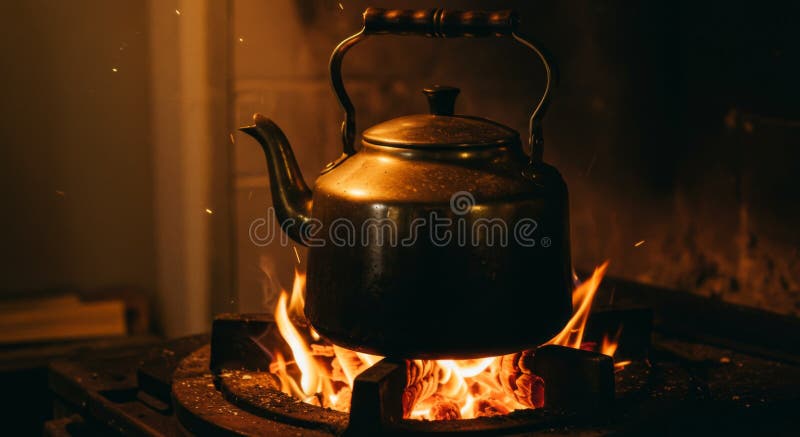 Old Metal Kettle Boiling on a Rustic Stovetop Fire Stock Illustration ...