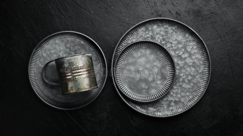 Old Metal Kitchen Utensils: Plate, Mug, Kitchen Utensils. Stock Image ...