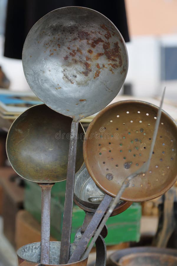Old metal ladles stock photo. Image of dirty, skimmer - 74483820