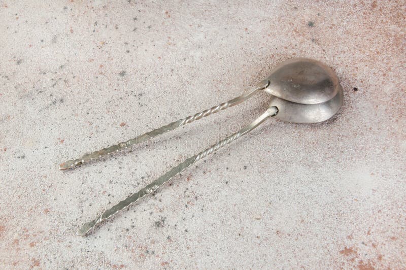Old Metal Spoons on Concrete Background Stock Photo - Image of object ...