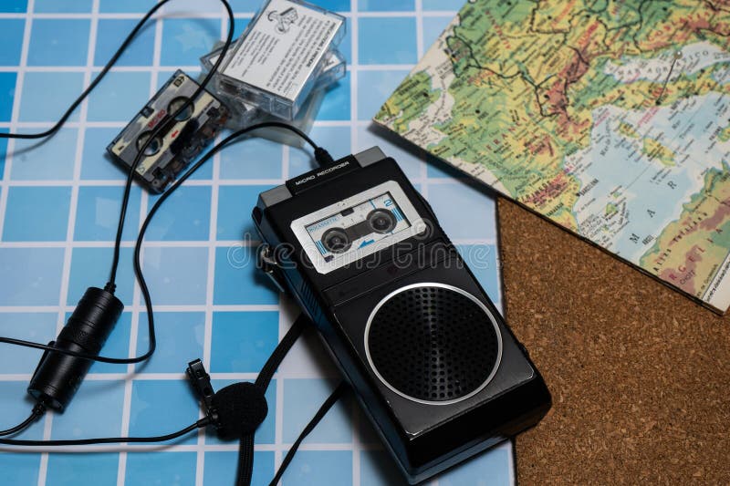 Old Micro Cassette Recorder with Its Mic and Several Cassettes Next To ...